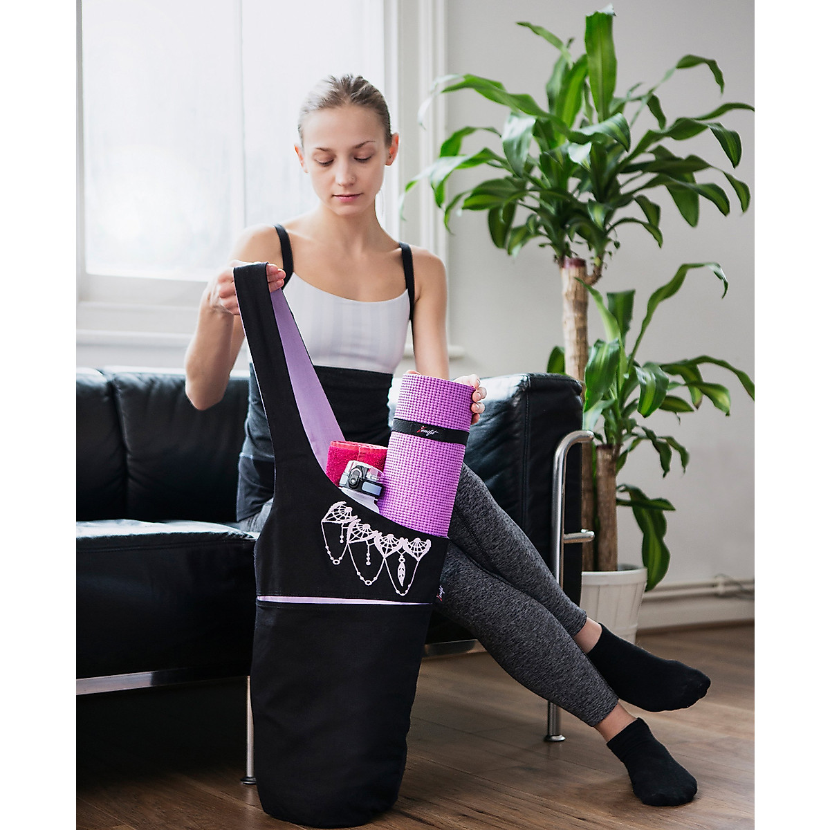 Zenifit Yoga Mat Bag, Long Tote with Pockets for your Yoga Accessories, Yoga Bag with Bonus Yoga Mat Strap Elastics, Holds your Pilates Mat, Color: Black and Lavender Yoga Mat Carrier for Women