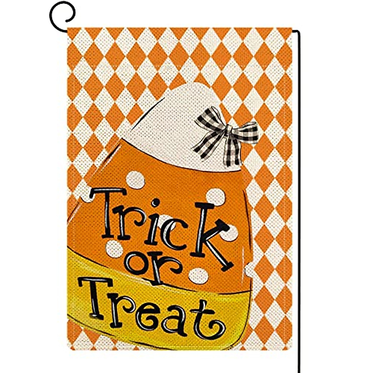 ORTIGIA Trick or Treat Garden Flag Vertical Double Sided 12x18inch Halloween Funny Candy Small Garden Flag Buffalo Check Plaid Seasonal Flag Farmhouse Rustic Holiday Burlap Yard Décor
