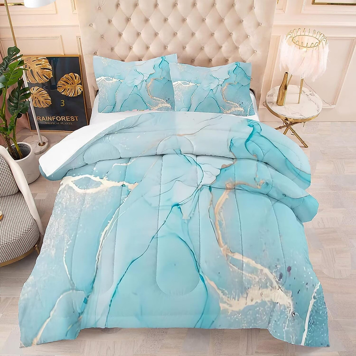 EDUMEYA Aqua Blue Marble Bedding Set Twin Size for Girls Teens Adult Gold Glitter Abstract Marbling Comforter Quilt Duvet 1 Comforter 1Pillowcase