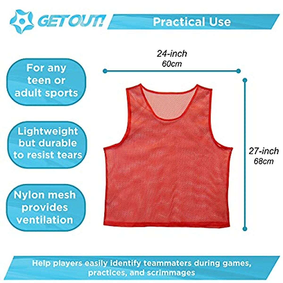 Get Out! Set of 12 Scrimmage Vest Pinnies for Teen/Adult in Red and Blue – Nylon Mesh Jerseys for Any Sport