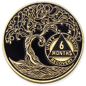 6 Months Sobriety Mint Twisted Tree of Life Gold Plated AA Recovery Medallion/Chip/Token - Black
