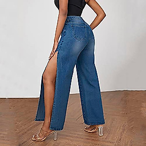 SCOMCHIC Womens Casual High Waist Ripped Side Slit Jeans Butt Lift Distressed Stretchy Wide Leg Denim Jeans Blue L