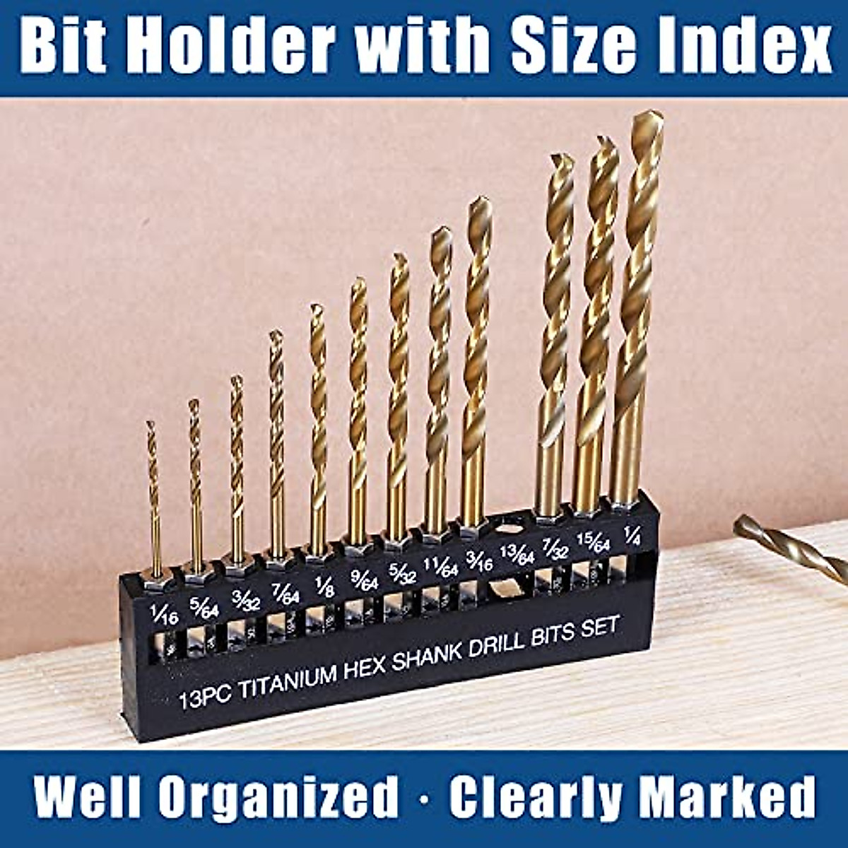 COMOWARE Titanium Twist Drill Bit Set - 13 Pcs Hex Shank High Speed Steel for Wood Plastic Aluminum Alloy, Quick Change, 1/16"-1/4"