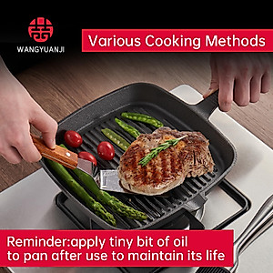 WANGYUANJI Cast Iron Grill Pan,Square Nonstick Grill Pan with Spatula and Brush,9Inch Barbecue Pan for Grill,Stove,Oven and Campfire
