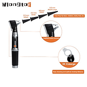 Wlongtor Otoscope Kit - Professional Diagnostic Ear Care Tool with 3.0V LED Bulb, 3X Magnification, 4 Speculum tip Sizes, Diagnostic Ear Care Tool for Children, Adults, Pets (HS-10OG(Black))