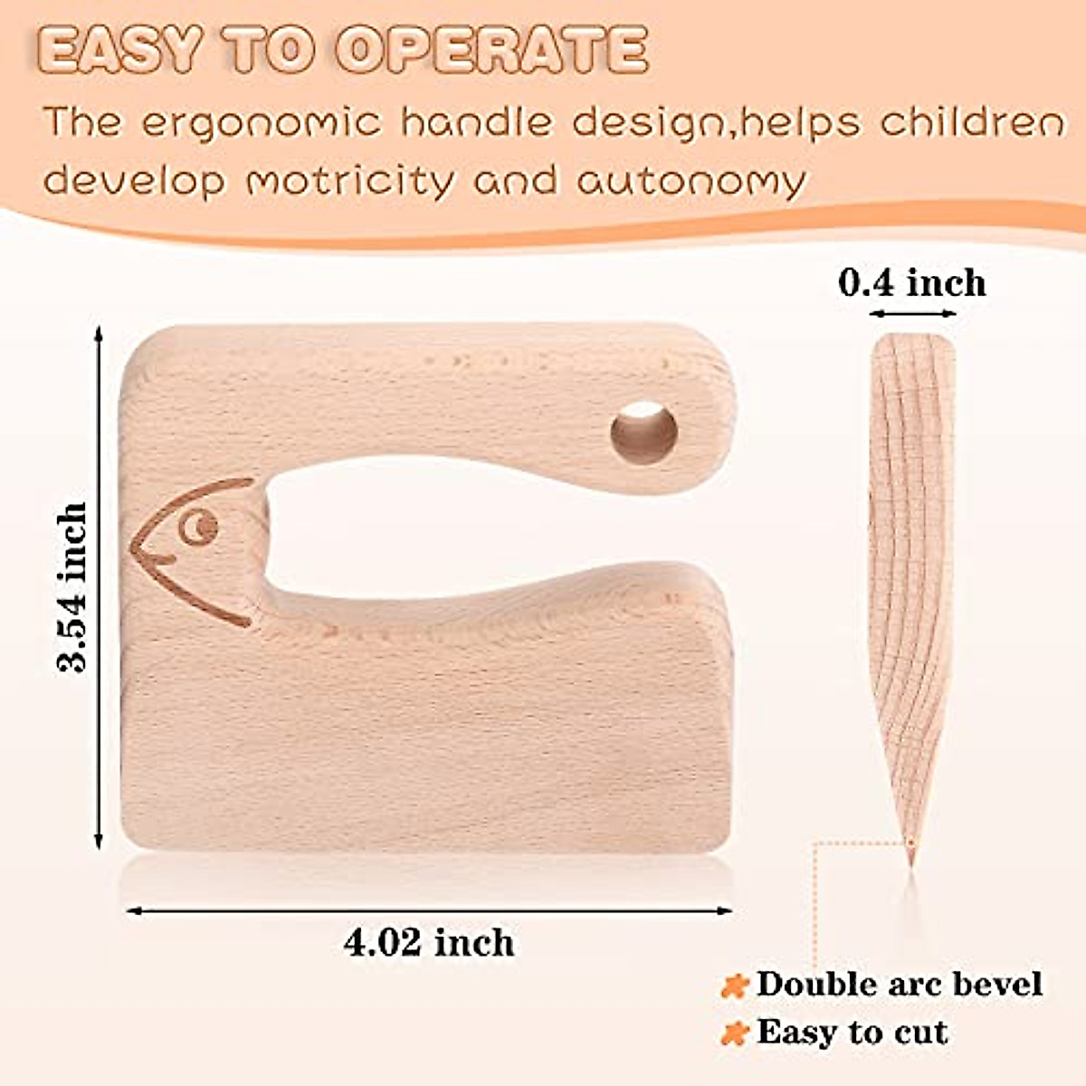 Honoson 4 Pieces Wooden Kids Knife 2 Patterns Safe Cutting Knife Wooden Cooking Chopper Kitchen Tools for Toddlers Cutting Fruit and Vegetable, for 2-8 Years Old