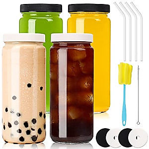 CUCUMI 4pcs 16oz Glass Juice Bottles with Lids, Reusable Juice Containers Drinking Jars Water Cups with Brush, Glass Straws, Lids with Hole