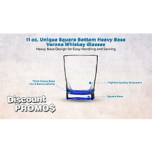 DISCOUNT PROMOS 10 Verona Whiskey Glasses Set, 11 oz. - Durable, Thick Base, Color Bottom, Barware - Blue