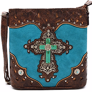 Western Rhinestone Cross Tooled Leather Concealed Carry Purse Crossbody Handbag Women Single Shoulder Bag (#2 Turquoise)