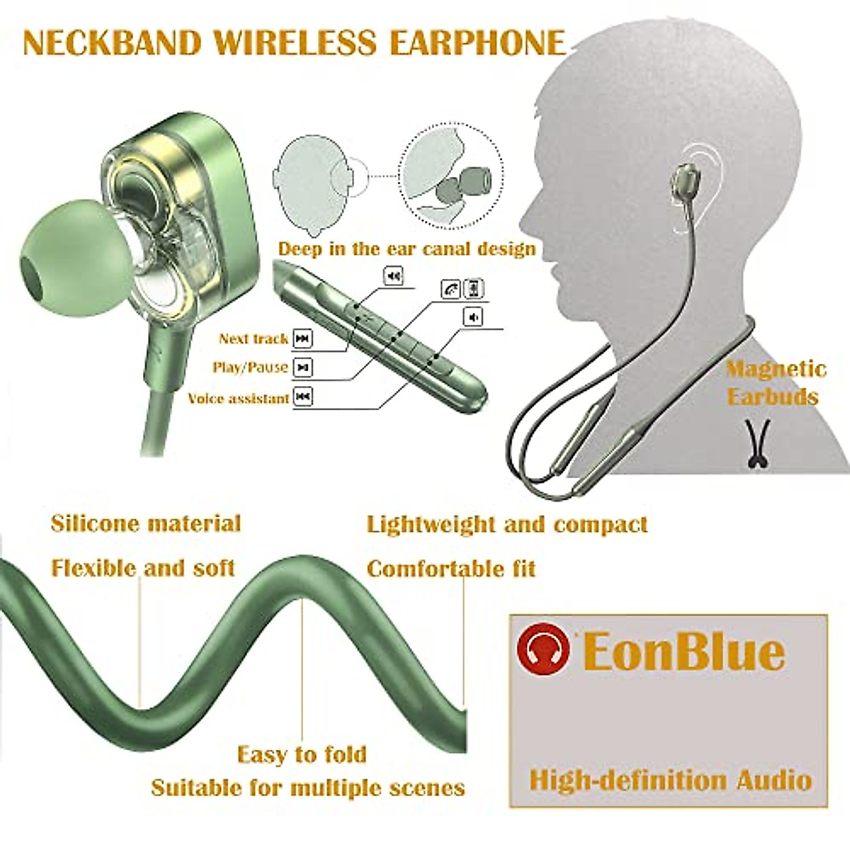 EonBlue V43 Neckband Bluetooth Wireless Headphones Earbuds with Microphone, 15Hs Playtime in-Ear Magnetic Earphones, IPX5 Sweatproof Sports Headsets (Green)