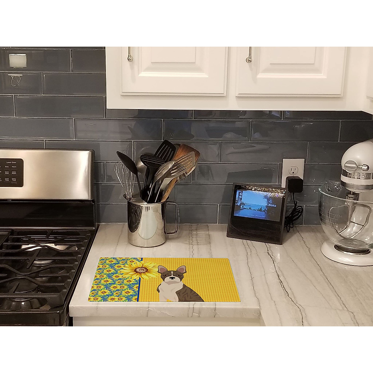 Caroline's Treasures WDK5337LCB Summer Sunflowers Brindle Boston Terrier Glass Cutting Board Large Decorative Tempered Glass Kitchen Cutting and Serving Board Large Size Chopping Board