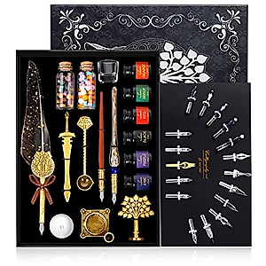 Quill Pen and Ink Set,Feather Dip pen with 6 bottles of ink,Antique Calligraphy Pen,Feather Writing Pen,Wooden Dip Pen,Glass Dip Pen,Wax Seal Stamp Kits Birthday&Christmas Gift for Men&Women(Gray)
