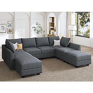 HONBAY Modular Sectional Couch U Shaped Sectional Sofa with Reversible Chaise Modular Sofa Couch with Storage Seat, Bluish Grey