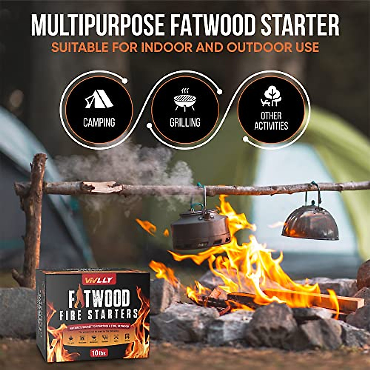 Vivlly 10lb Fatwood Fire Starter Pack – Starter Wood for Fireplace – Small Wood Logs for Campfire Stove, Grilling & Cooking – Firewood Lighter Kindling Sticks – Firepit Burning & Camping Accessories