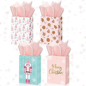 Zhanmai 24 Pcs Pink Christmas Gift Bags with Tissue Paper Gingerbread Gift Bags Nutcracker Wrapping Bags with Handles for Xmas Holiday Winter Baby Shower Birthday Favor Gift Wrapping, 8 x 6 x 3 Inch