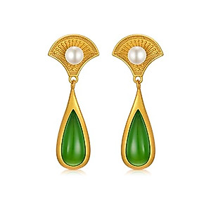 BETHZA Green Jade Earrings 925 Sterling Silver Gold Plated Teardrop Jade Dangle Earring Chinese Style Fan Drop Earring Jewelry Gifts for Women