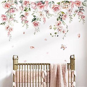 decalmile Spring Large Pink Flower Wall Decals Hanging Vine Floral Wall Stickers Baby Nursery Girls Bedroom Living Room Wall Decor