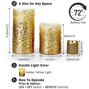 FURORA LIGHTING Gold Glitter Real Wax Candles with Remote and Timer, 4 Pillars and 4 Votives Pack of 8, LED Flameless Flickering Candles for Home Décor, Battery Included