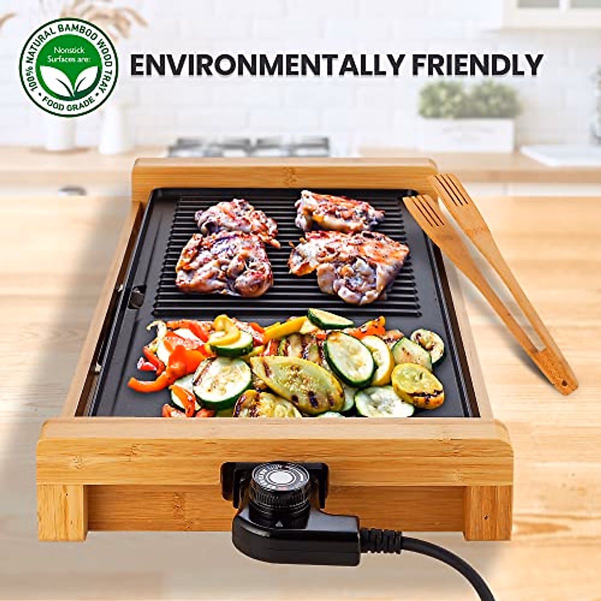 NutriChefKitchen Household Smokeless Indoor Grill, Nonstick Electric Grill, Detachable Bamboo, Tempaerature Control, Adjustable Temperature Knob, For Indoor BBQs with no smoke (Black)