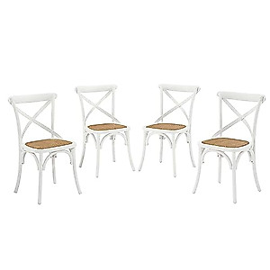 Modway Gear Rustic Modern Farmhouse Elm Wood Rattan Four Dining Chairs in White
