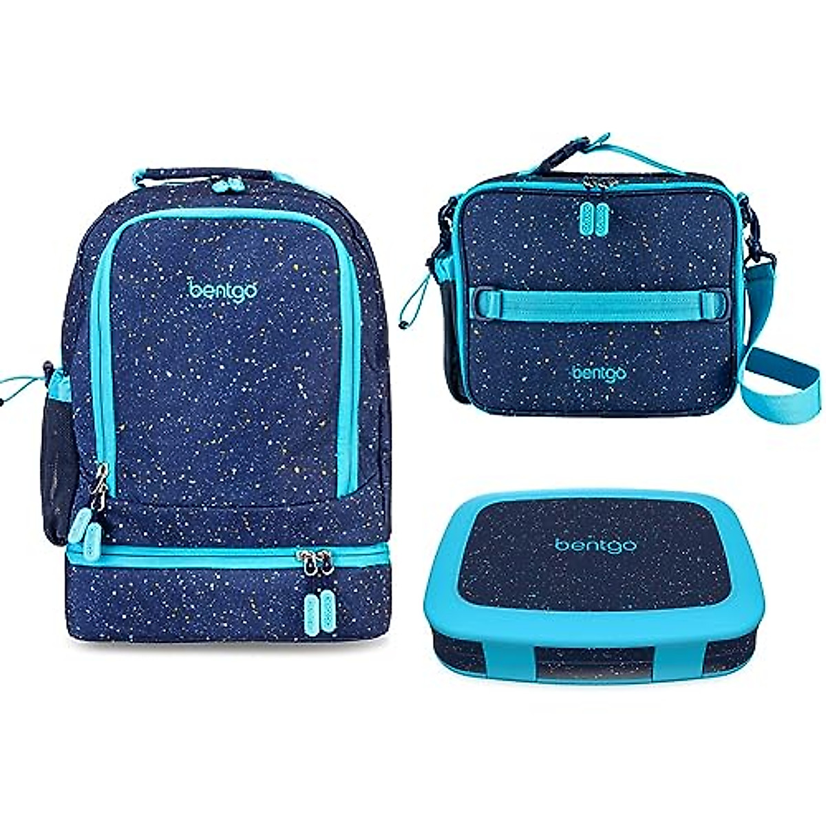 Bentgo® Kids 5-Compartment Lunch Box Set With Insulated Lunch Bag and 2-in-1 Backpack & Insulated Lunch Bag (Confetti Edition - Abyss Blue)