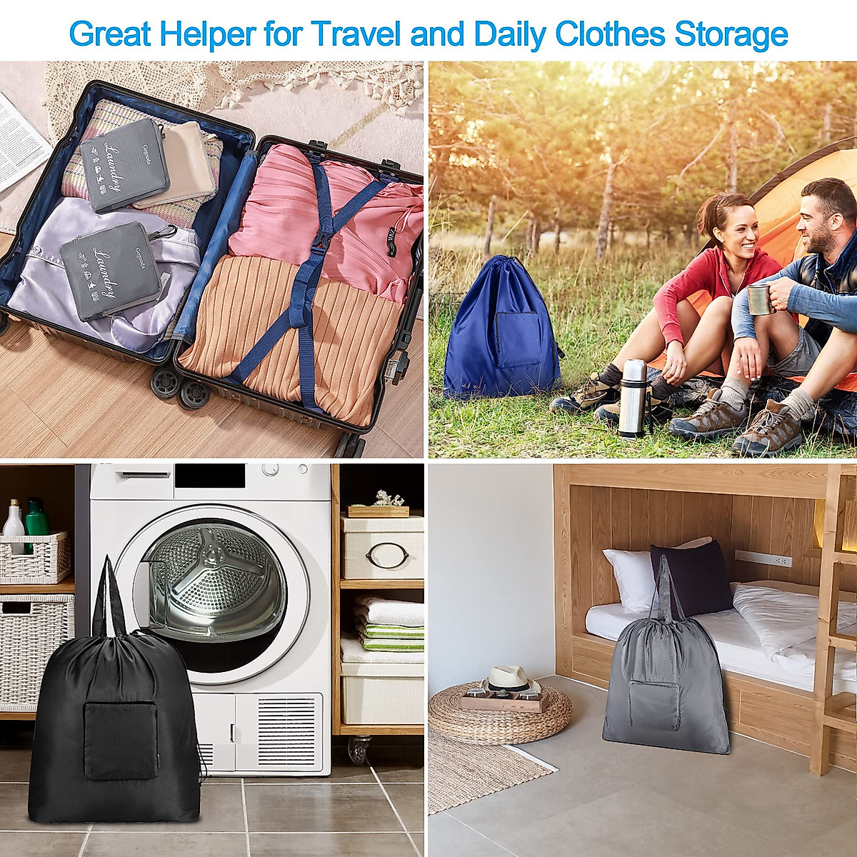 GOGOODA Travel Laundry Bags with Drawstring Closure XL Large Foldable Dirty Clothes bags with Handle Heavy Duty and Washable for College Dorm Travelling Camping, 2 Pack, Black & Beige