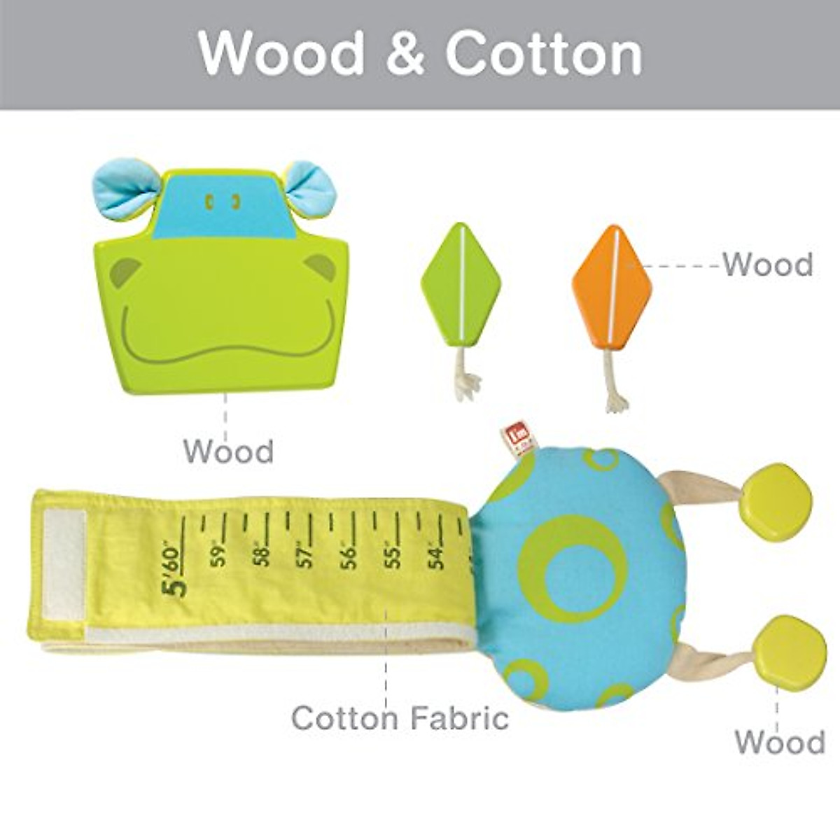 I'm Wood and Fabric Wall Growth Chart, Height Measurement, Scale, Ruler for Kids (Hippo)