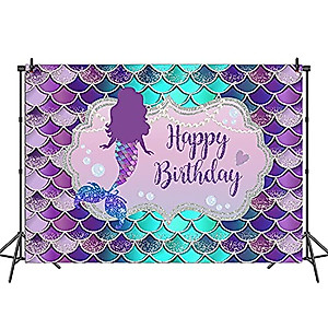 WR Mermaid Backdrop Under The Sea Blue Purple Mermaid Scales Birthday Photography Background for Girl Mermaid Princess Party Cake Table Decorations (7x5FT(Width 210cm x Height 150cm))
