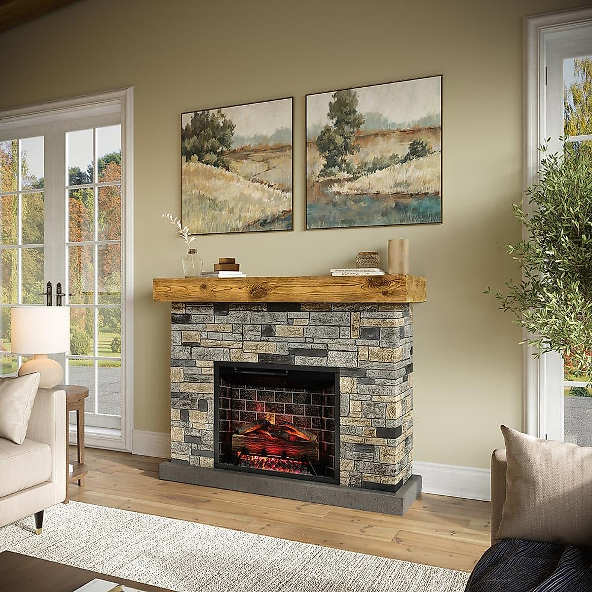 Country Living Dixson 55 Inch Wood Mantel with Faux Stone Brick Surround & 28" Smart Electric Fireplace | 55" W x 16" D x 43" H