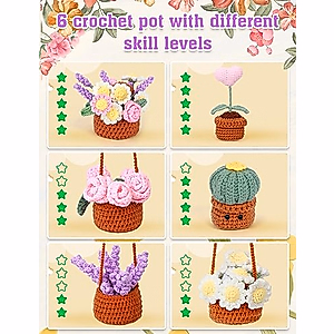 yazi Flower Crochet Kit for Beginners-5 Pack Hanging Potted Plants Crochet Starter Kit with Video, Learn to Crochet Rose Lavender Daisy Heart Cactus Pot for Adults,DIY Knitting Supplies