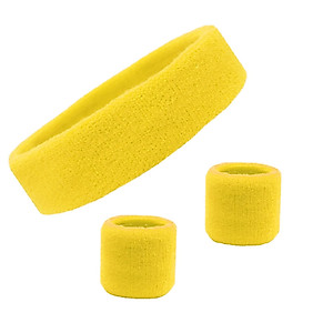Sweatband Set Cotton Sports Headband Terry Cloth Wristband Moisture Wicking Sweat Absorbing Head Band Athletic Exercise Basketball Wrist Sweatbands and Headbands by Kenz Laurenz (Yellow)