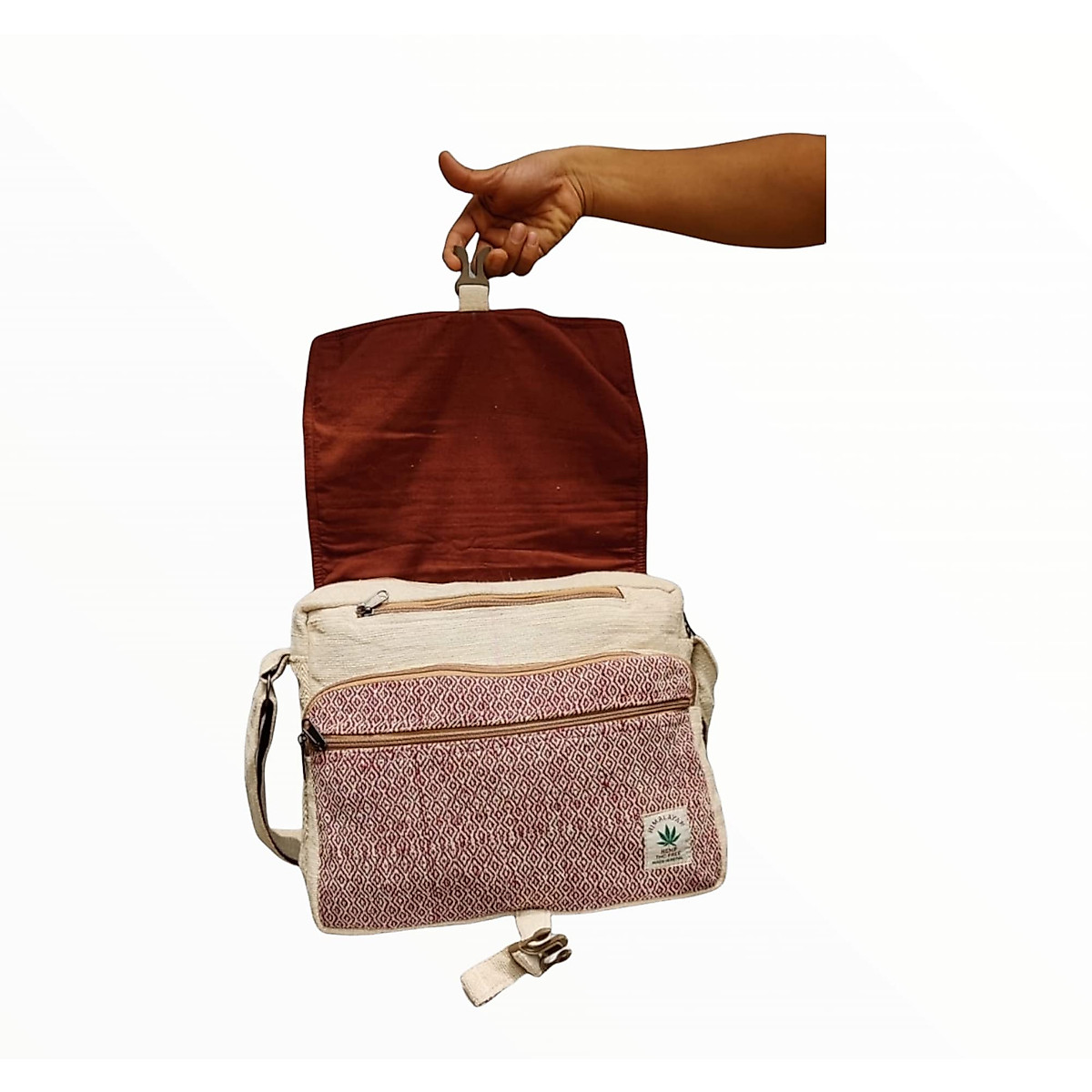 VIBRANIC Himalayan HEMP Cross-Body Messenger Bag - THC Free - Over-the-Shoulder Sling Bag - Red Diamond Pattern - Unisex - All Natural Handmade - Multi-Pocket - Made In Nepal