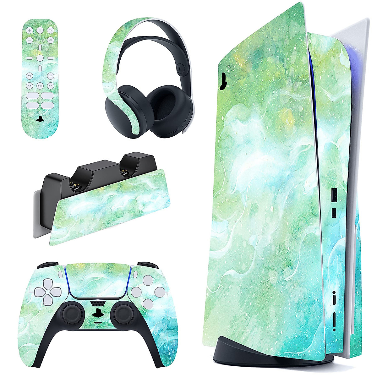 PlayVital Blue Green Watercolour Full Set Skin Decal for ps5 Console Disc Edition, Sticker Vinyl Decal Cover for ps5 Controller & Charging Station & Headset & Media Remote
