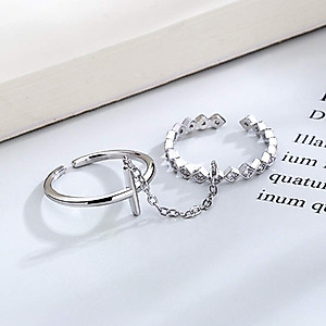 Double Open Cross Faith Rings for Women Silver Plated CZ Geometric Chain Unique knuckle Stacking Finger Adjustable Statement Engagement Ring Gifts for Her Bff Xmas