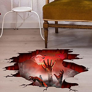 Scary Halloween Floor Wall Stickers 3D Ghost Floor Decals Art Decorations, Red Moon Cobweb Zombie Wall Floor Stickers Ghost Hands Scratching Decals for Living Room Bar Pub