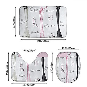 WONDERTIFY Haute Dresses Bathroom Antiskid Pad Elegant Shoes Bags 3 Pieces Bathroom Rugs Set, Bath Mat+Contour+Toilet Lid Cover White Black Subtle Pink