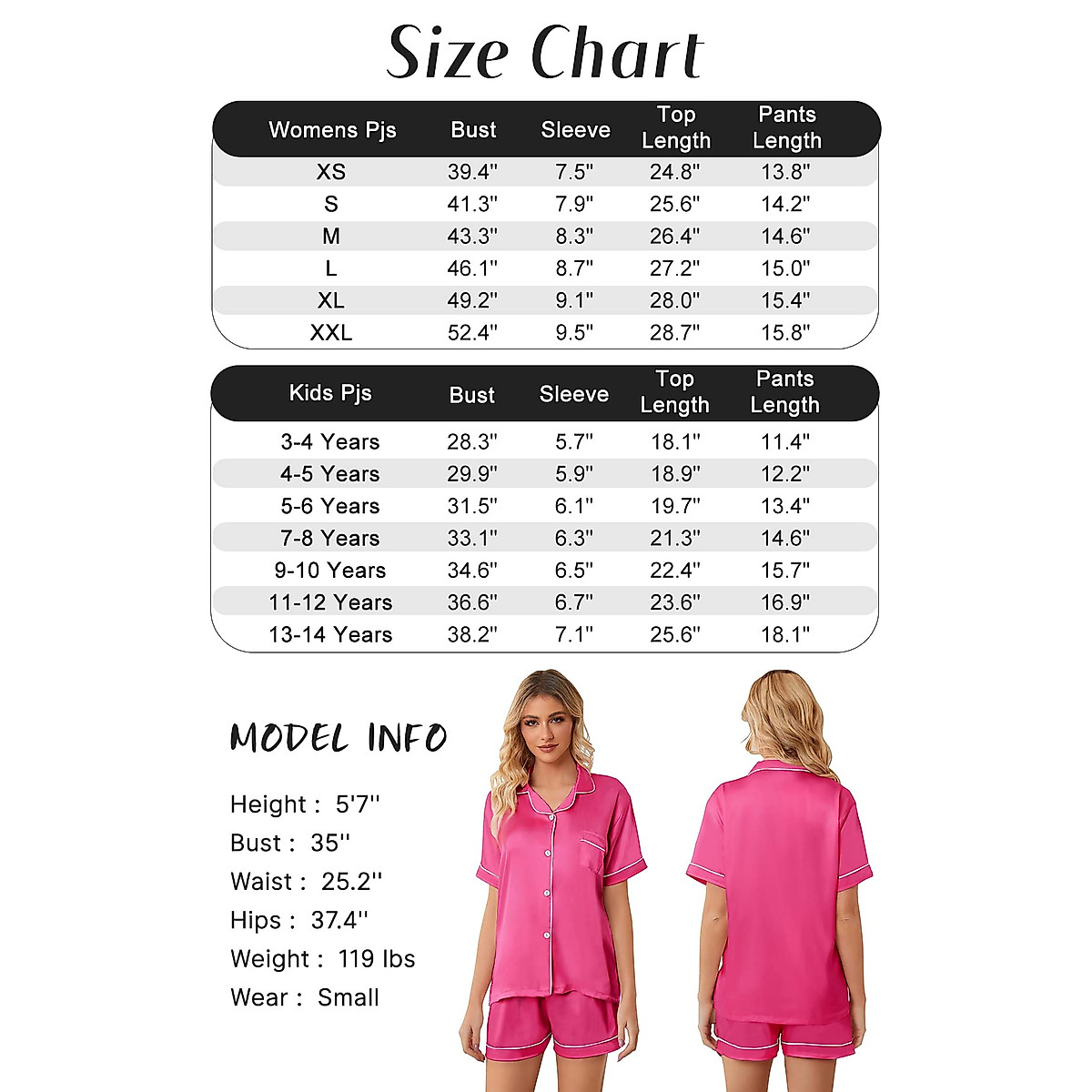 Schbbbta Satin Pajamas for Womens, 2 Pcs Sleepwear Short Sleeve Silk Satin Pajama Outfit for Girls, Hot Pink, US L