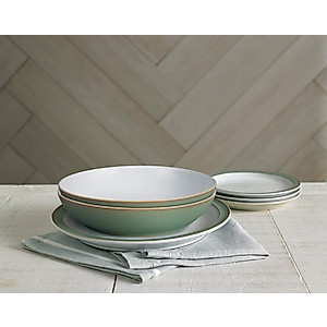 Denby - Regency Green Pasta Bowls Set of 4 - Dishwasher Microwave Safe Crockery 1050ml 22cm - Green, White Ceramic Stoneware Tableware - Chip & Crack Resistant