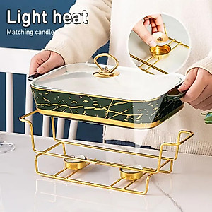 HONHPD 3PCS Rectangular Porcelain Casserole Warming Trays for Food, Ceramics Chafers, and Buffet Warmers Sets, Ceramics Chafing Dish Buffet Set, Green Marble Finish (11inch.13inch.15inch）