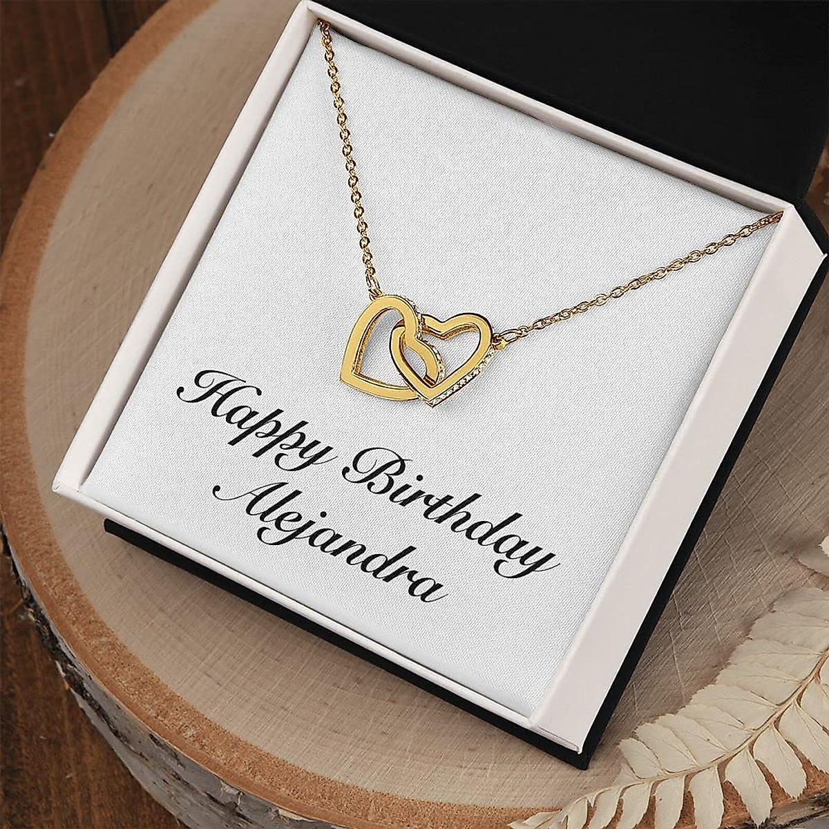 Happy Birthday Alejandra - 18K Yellow Gold Finish Interlocking Hearts Necklace Personalized Name