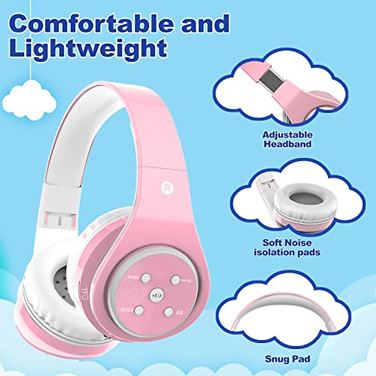 Woice Kids Bluetooth Headphones 85db/110db Volume Limit Wireless/Wired Aux Port Foldable Noise Protection Over-Ear Build-in Mic Headphones for Kids Adults Travel School Phone Pad Tablet PC Pink