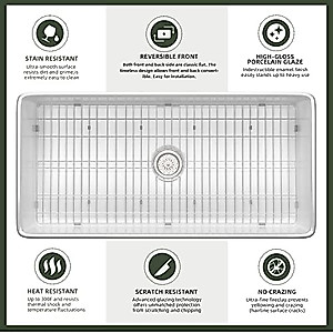 TUKTUK White Farmhouse Sink 36 Inch Fireclay Apron Front Single Bowl Kitchen Sinks Deep Drop In Farm Sink Undermount Luxury Bottom Grid & Strainer Drain Included