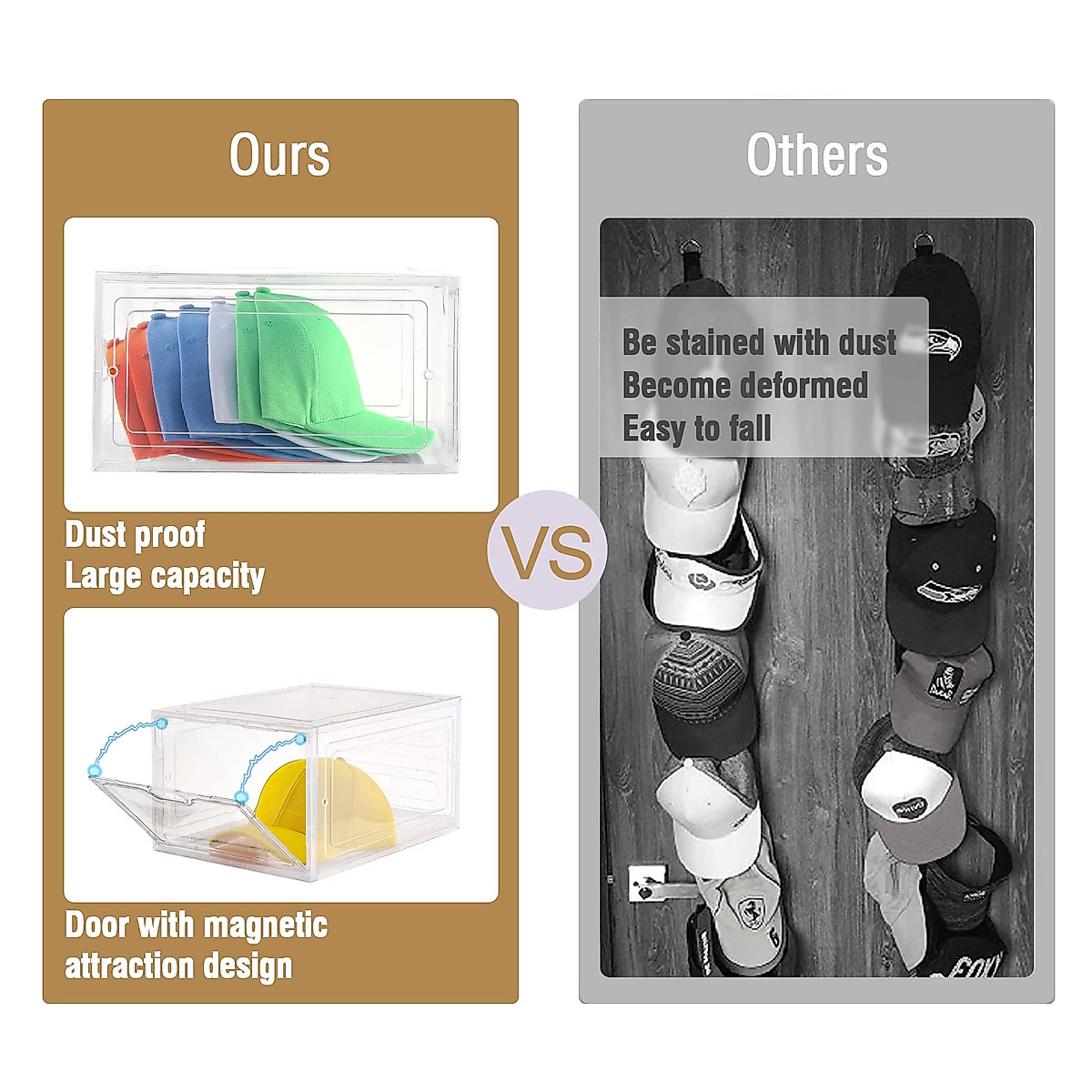 8 Pack Hat Organizer for Baseball Caps,Clear Plastic Baseball Cap Organizer with Magnetic Door,Stackable Hat Storage for Baseball Caps, Easy to Assemble Stylish Hat Display Case,Hat Box,Hat Rack