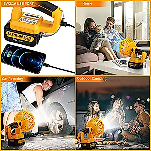 WaxPar For Dewalt Fan Cordless Camping Fan for Dewalt 20V Lithium Battery, USB Floor Fan Battery Operated Fan with 9W LED Light, Remote, 4H Timer Portable Tent Fan for Jobsite, Hiking, Fishing
