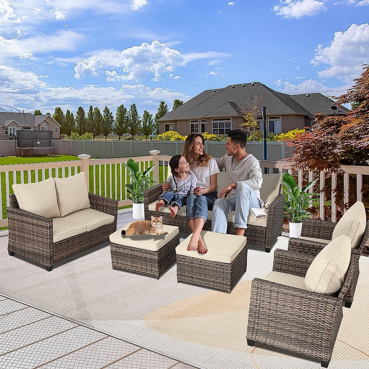 Furnivilla 6 Piece Patio Furniture Set Outdoor Patio Furniture Wicker Patio Set All Weather Wicker Rattan Patio Set Outdoor Sectional for Porch,Garden,Backyard (Brown-Grey)