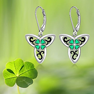 St Patricks Day Earrings Shamrock Earrings for Women Sterling Silver Celtic Knot Green Four Leaf Clover Earrings triangle Jewelry Friendship Irish Birthday Gifts