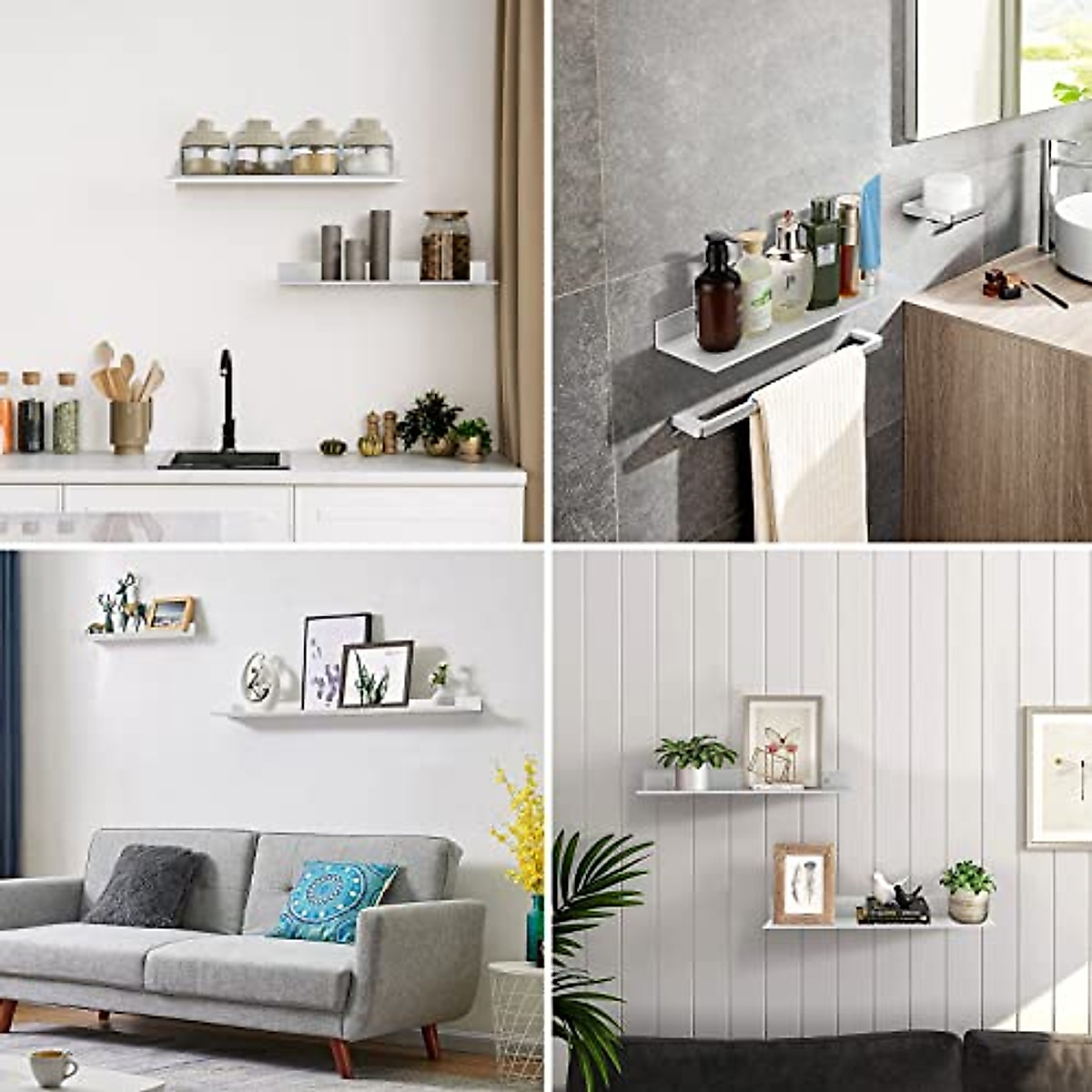 OwnMy Set of 2 White Metal Floating Shelf Wall Mount Bathroom Shower Shelves Brackets Floating Wall Racks, 16 Inch Metal Display Wall Shelves Modern Floating Storage Shelves for Kitchen Living Room