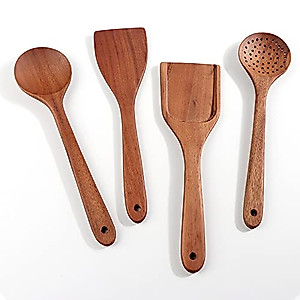 Acacia Wooden Utensils Set 4 Pcs,Nonstick Wooden Kitchen Utensil Set,Wooden Spoon Set inicluding Spoon,Skimmer,Spatula,Turner(4 pack)