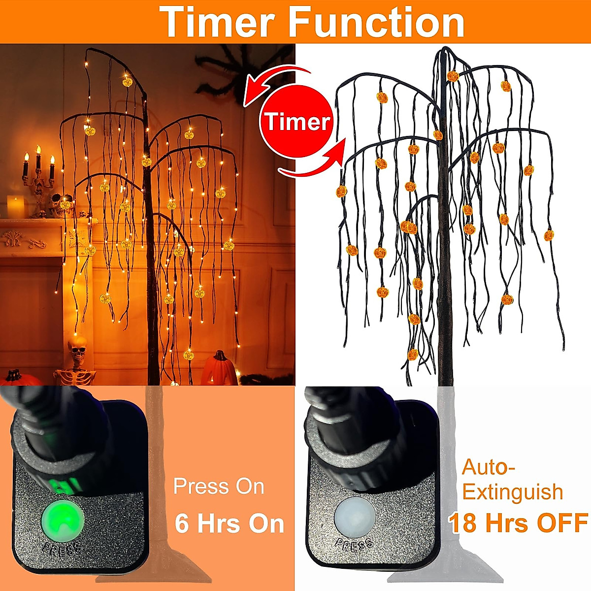TURNMEON 5 Feet Lighted Halloween Tree Decor with Timer,108 LED Black Scary Willow Tree Purple Lighted 24 Spiders Ornaments Halloween Decorations Outdoor Indoor Holiday Home Yard Garden(Adapter/Timer)