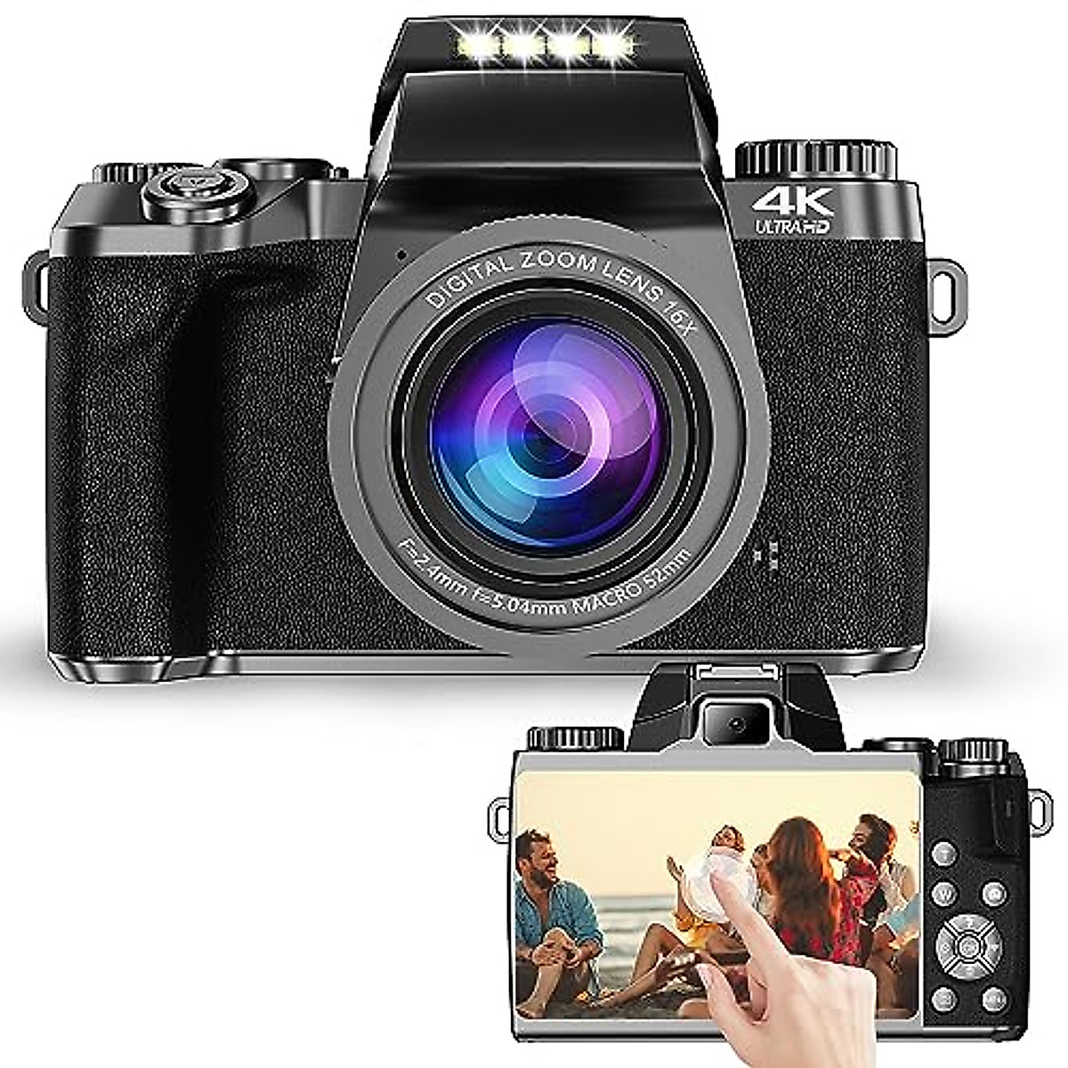 BooHAN 4K Digital Camera, 64MP Vlogging Camera for Photography, Mirrorless Cameras with WiFi, Touch Screen Dual Cameras,16X Digital Zoom,Built in Flash, Travel Camera for Beginners,Adults,Amateu
